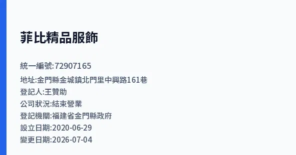 菲比精品服飾的照片-統編 72907165(金門縣) 公司登記資料與營業項目詳細圖表