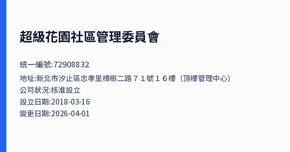 超級花園社區管理委員會的照片-統編 72908832(新北市) 公司登記資料與營業項目詳細圖表