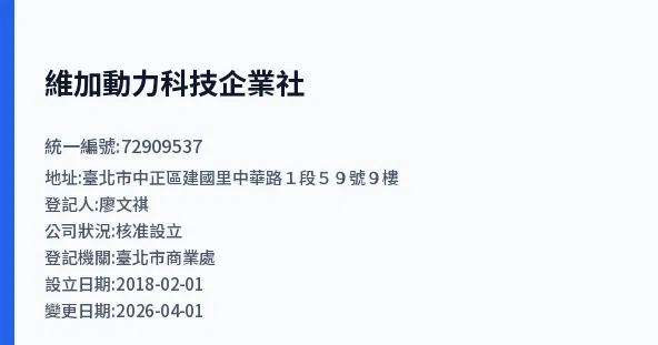 維加動力科技企業社的照片-統編 72909537(臺北市) 公司登記資料與營業項目詳細圖表