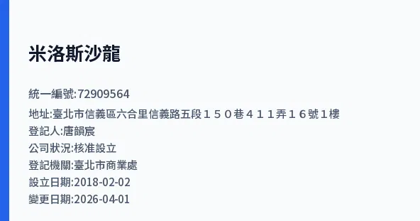 米洛斯沙龍的照片-統編 72909564(臺北市) 公司登記資料與營業項目詳細圖表