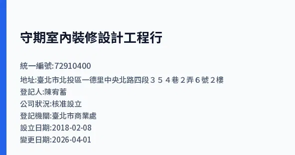 守期室內裝修設計工程行的照片-統編 72910400(臺北市) 公司登記資料與營業項目詳細圖表