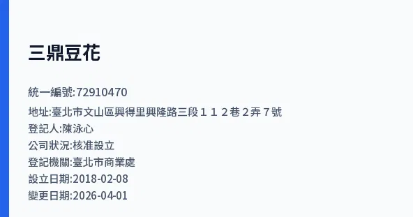 三鼎豆花的照片-統編 72910470(臺北市) 公司登記資料與營業項目詳細圖表