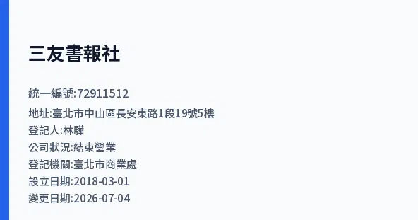 三友書報社的照片-統編 72911512(臺北市) 公司登記資料與營業項目詳細圖表