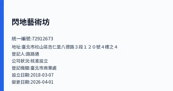 閃地藝術坊的照片-統編 72912673(臺北市) 公司登記資料與營業項目詳細圖表