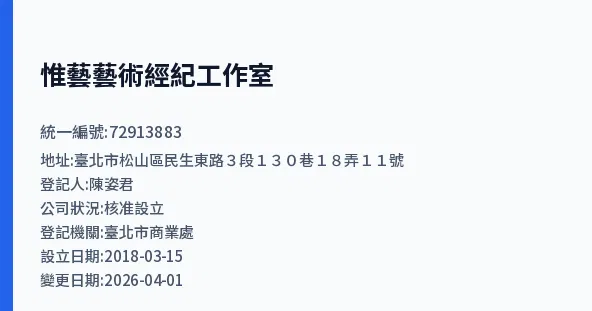 惟藝藝術經紀工作室的照片-統編 72913883(臺北市) 公司登記資料與營業項目詳細圖表
