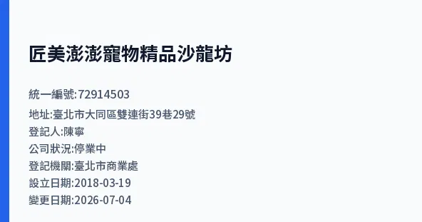 匠美澎澎寵物精品沙龍坊的照片-統編 72914503(臺北市) 公司登記資料與營業項目詳細圖表