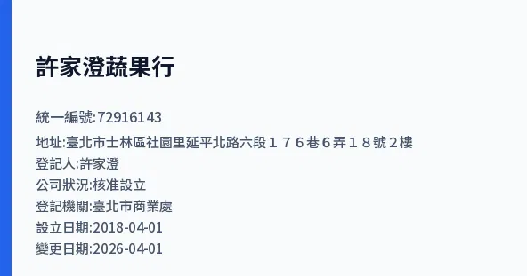 許家澄蔬果行的照片-統編 72916143(臺北市) 公司登記資料與營業項目詳細圖表