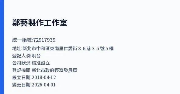 鄭藝製作工作室的照片-統編 72917939(新北市) 公司登記資料與營業項目詳細圖表