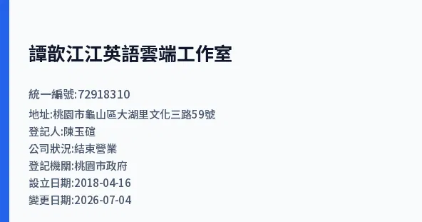 譚歆江江英語雲端工作室的照片-統編 72918310(桃園市) 公司登記資料與營業項目詳細圖表