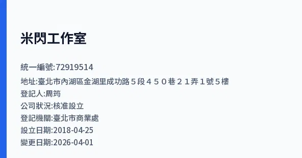 米閃工作室的照片-統編 72919514(臺北市) 公司登記資料與營業項目詳細圖表