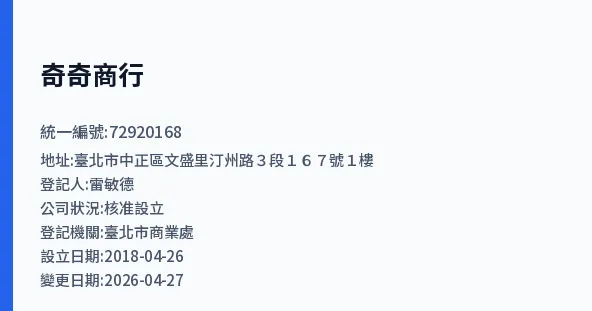 奇奇商行的照片-統編 72920168(臺北市) 公司登記資料與營業項目詳細圖表