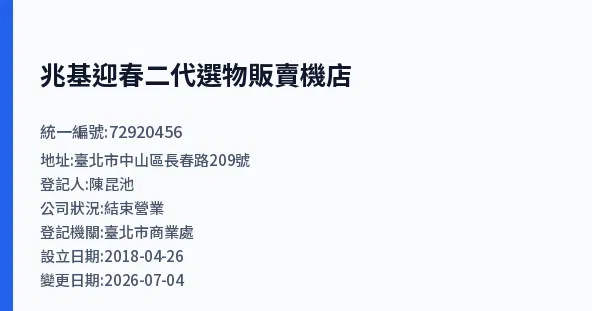 兆基迎春二代選物販賣機店的照片-統編 72920456(臺北市) 公司登記資料與營業項目詳細圖表