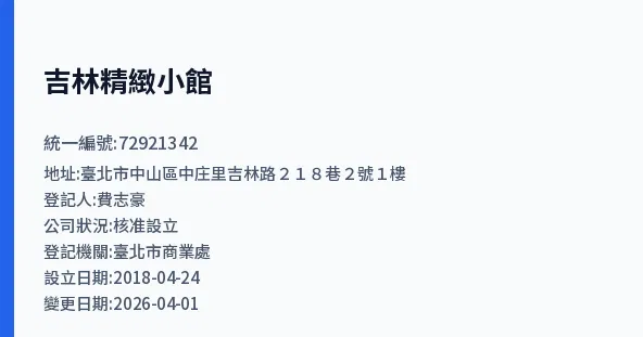 吉林精緻小館的照片-統編 72921342(臺北市) 公司登記資料與營業項目詳細圖表