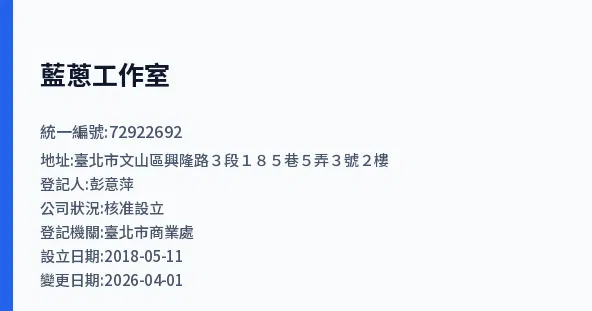 藍蔥工作室的照片-統編 72922692(臺北市) 公司登記資料與營業項目詳細圖表