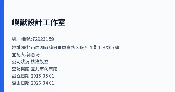 嶼獸設計工作室的照片-統編 72923159(臺北市) 公司登記資料與營業項目詳細圖表