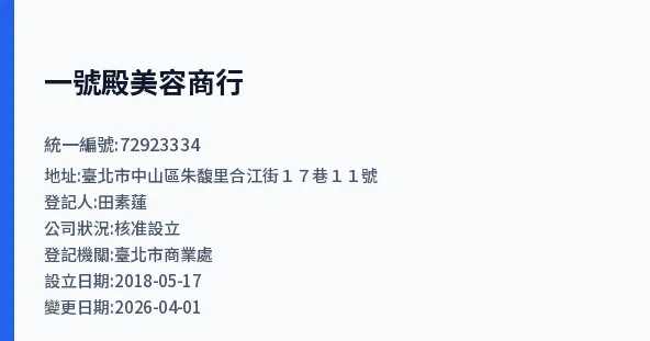 一號殿美容商行的照片-統編 72923334(臺北市) 公司登記資料與營業項目詳細圖表