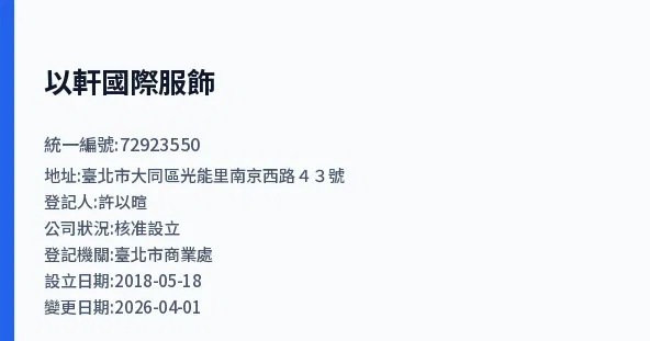 以軒國際服飾的照片-統編 72923550(臺北市) 公司登記資料與營業項目詳細圖表
