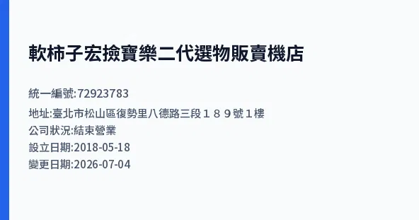 軟柿子宏撿寶樂二代選物販賣機店的照片-統編 72923783(臺北市) 公司登記資料與營業項目詳細圖表