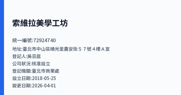 索維拉美學工坊的照片-統編 72924740(臺北市) 公司登記資料與營業項目詳細圖表