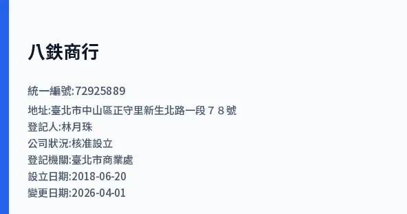 八鉄商行的照片-統編 72925889(臺北市) 公司登記資料與營業項目詳細圖表