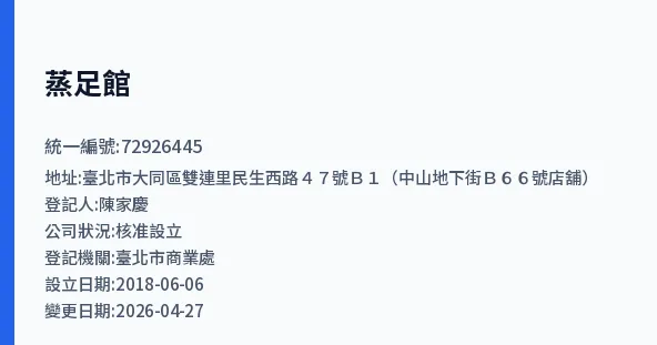 蒸足館的照片-統編 72926445(臺北市) 公司登記資料與營業項目詳細圖表