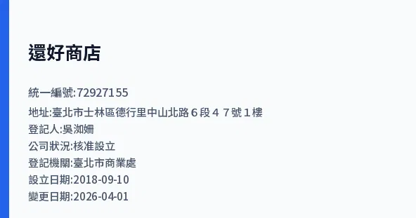 還好商店的照片-統編 72927155(臺北市) 公司登記資料與營業項目詳細圖表