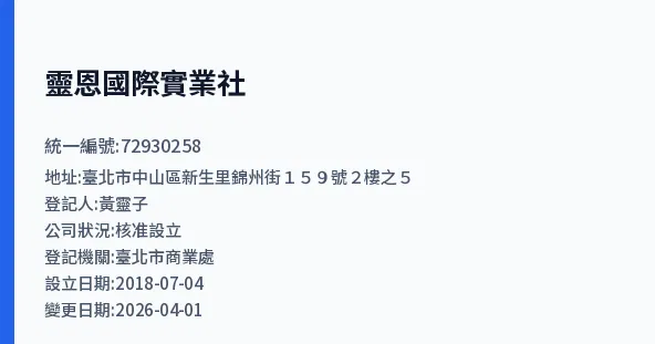 靈恩國際實業社的照片-統編 72930258(臺北市) 公司登記資料與營業項目詳細圖表