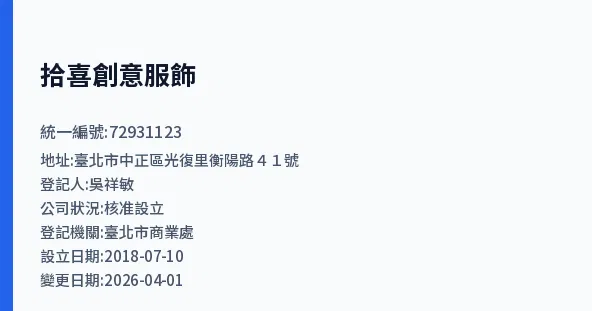 拾喜創意服飾的照片-統編 72931123(臺北市) 公司登記資料與營業項目詳細圖表