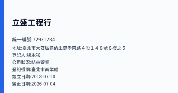 立盛工程行的照片-統編 72931284(臺北市) 公司登記資料與營業項目詳細圖表