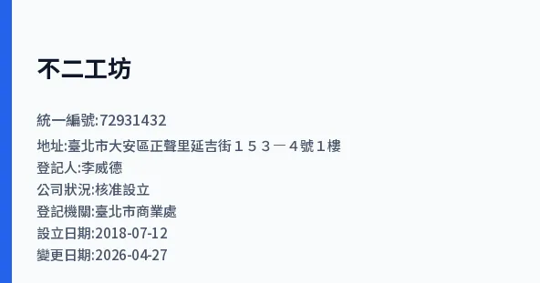 不二工坊的照片-統編 72931432(臺北市) 公司登記資料與營業項目詳細圖表