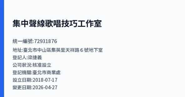 集中聲線歌唱技巧工作室的照片-統編 72931876(臺北市) 公司登記資料與營業項目詳細圖表