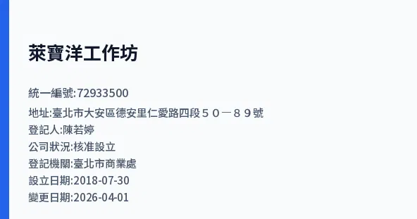 萊寶洋工作坊的照片-統編 72933500(臺北市) 公司登記資料與營業項目詳細圖表
