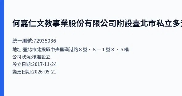 何嘉仁文教事業股份有限公司附設臺北市私立多元智慧文理技藝短期補習班的照片-統編 72935036(臺北市) 公司登記資料與營業項目詳細圖表