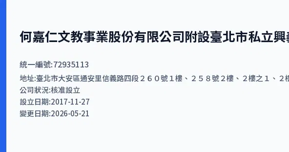 何嘉仁文教事業股份有限公司附設臺北市私立興義文理短期補習班的照片-統編 72935113(臺北市) 公司登記資料與營業項目詳細圖表