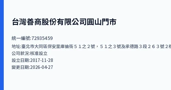 台灣善商股份有限公司圓山門市的照片-統編 72935459(臺北市) 公司登記資料與營業項目詳細圖表