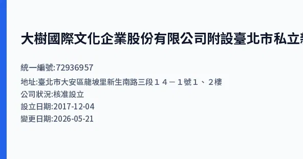 大樹國際文化企業股份有限公司附設臺北市私立新和文理短期補習班的照片-統編 72936957(臺北市) 公司登記資料與營業項目詳細圖表