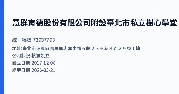 慧群育德股份有限公司附設臺北市私立樹心學堂的照片-統編 72937793(臺北市) 公司登記資料與營業項目詳細圖表