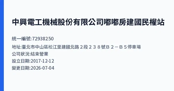中興電工機械股份有限公司嘟嘟房建國民權站的照片-統編 72938250(臺北市) 公司登記資料與營業項目詳細圖表
