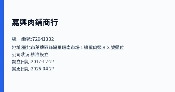 嘉興肉鋪商行的照片-統編 72941332(臺北市) 公司登記資料與營業項目詳細圖表