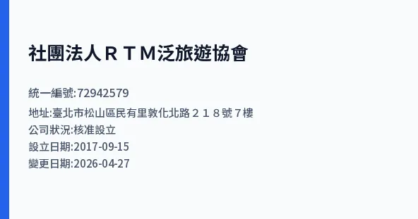 社團法人RTM泛旅遊協會的照片-統編 72942579(臺北市) 公司登記資料與營業項目詳細圖表
