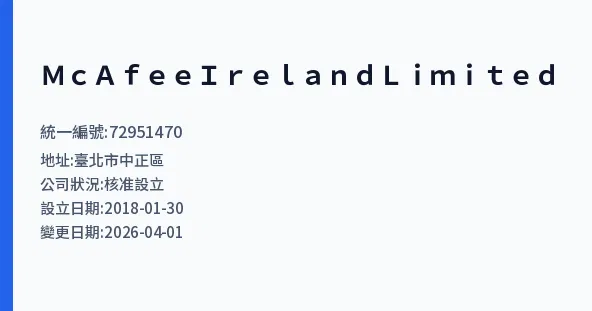 McAfee Ireland Limited的照片-統編 72951470(臺北市) 公司登記資料與營業項目詳細圖表