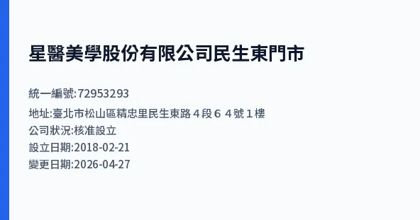 星醫美學股份有限公司民生東門市的照片-統編 72953293(臺北市) 公司登記資料與營業項目詳細圖表
