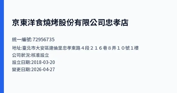 京東洋食燒烤股份有限公司忠孝店的照片-統編 72956735(臺北市) 公司登記資料與營業項目詳細圖表