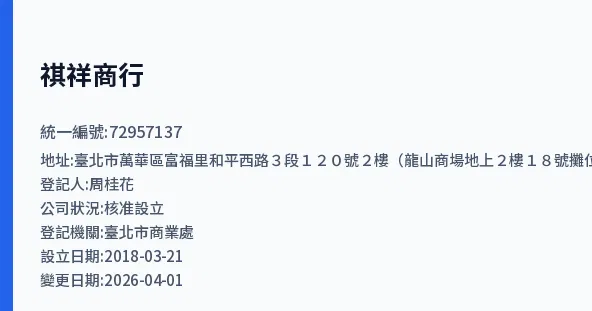祺祥商行的照片-統編 72957137(臺北市) 公司登記資料與營業項目詳細圖表