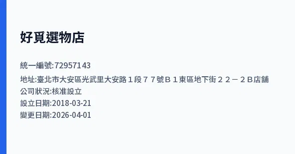 好覓選物店的照片-統編 72957143(臺北市) 公司登記資料與營業項目詳細圖表