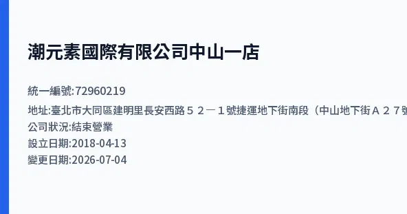 潮元素國際有限公司中山一店的照片-統編 72960219(臺北市) 公司登記資料與營業項目詳細圖表