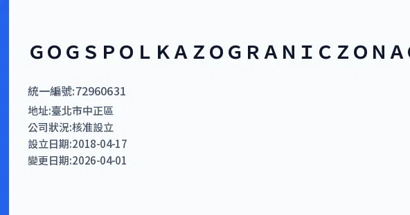 GOG SPOLKA Z OGRANICZONA ODPOWIEDZIALNOSCIA的照片-統編 72960631(臺北市) 公司登記資料與營業項目詳細圖表