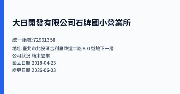 大日開發有限公司石牌國小營業所的照片-統編 72961358(臺北市) 公司登記資料與營業項目詳細圖表