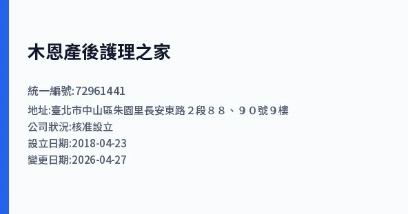 木恩產後護理之家的照片-統編 72961441(臺北市) 公司登記資料與營業項目詳細圖表