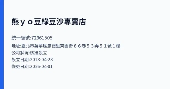 熊yo豆綠豆沙專賣店的照片-統編 72961505(臺北市) 公司登記資料與營業項目詳細圖表